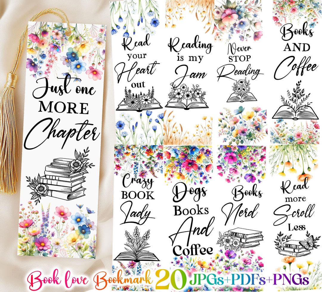20 Book Reading Love Bookmark Bundle, Printable Floral Bookmark, Book ...