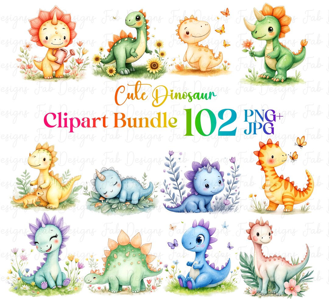 102 Cute Baby Dinosaur Clipart PNG JPG Bundle, Cute Animal Bundle, Cute ...