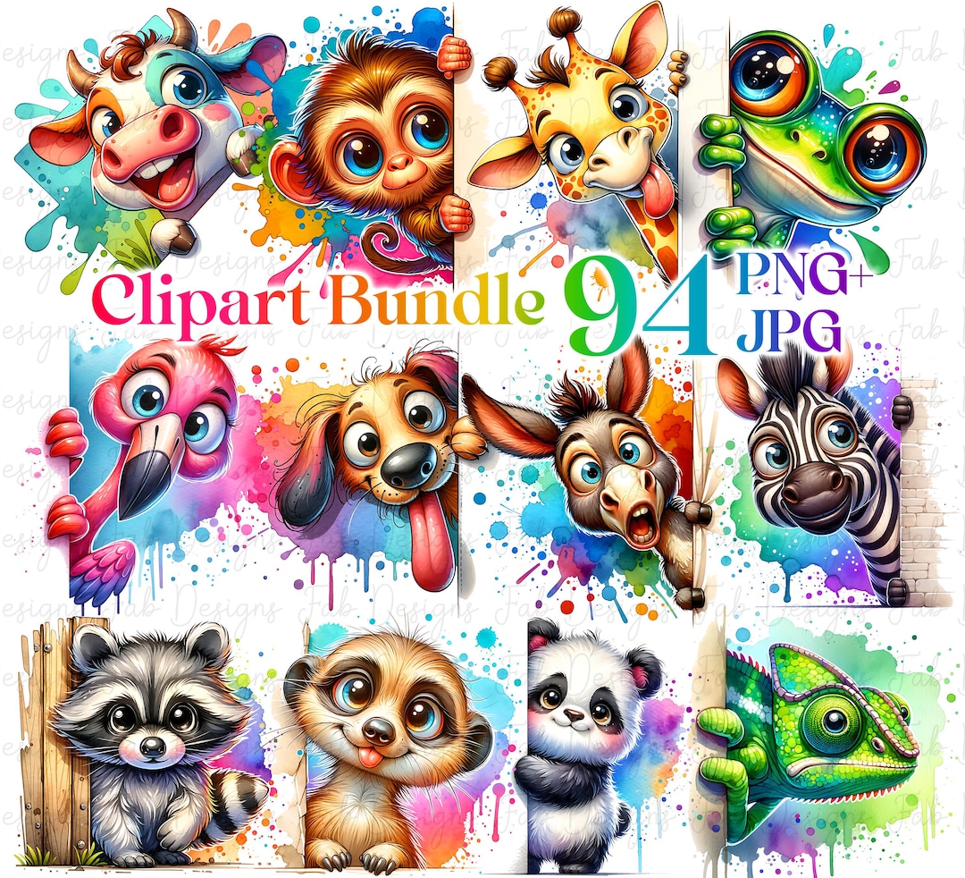 94 Watercolor Funny Cute Animal Peeking Clipart Bundle,funny Animal ...
