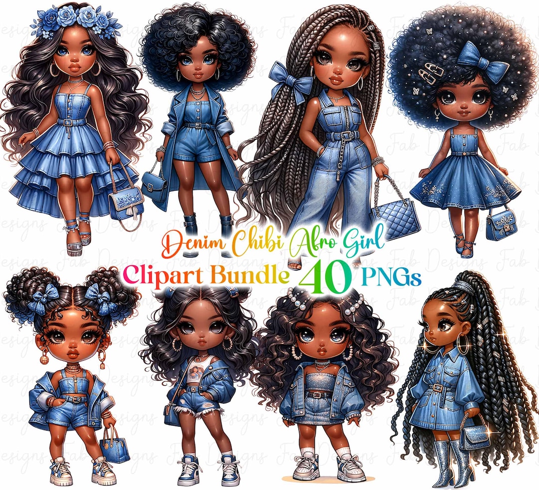 Denim Chibi Afro Girl Clipart Bundle: Fashion Graphics (digital ...