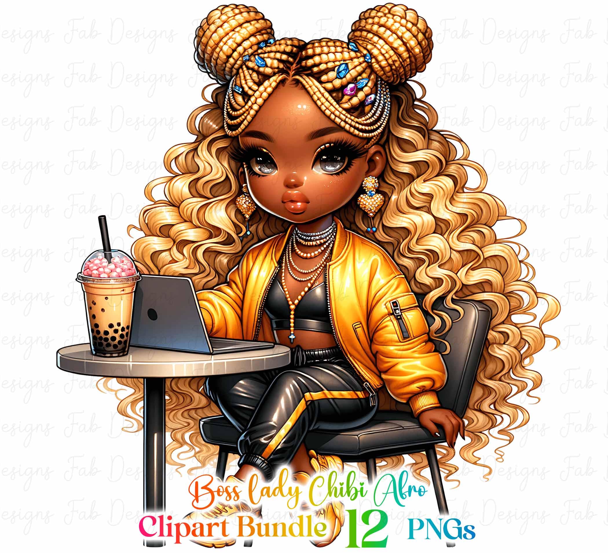 Chibi Boss Lady Afro Clipart Bundle: Fashion Girl Graphics (digital ...