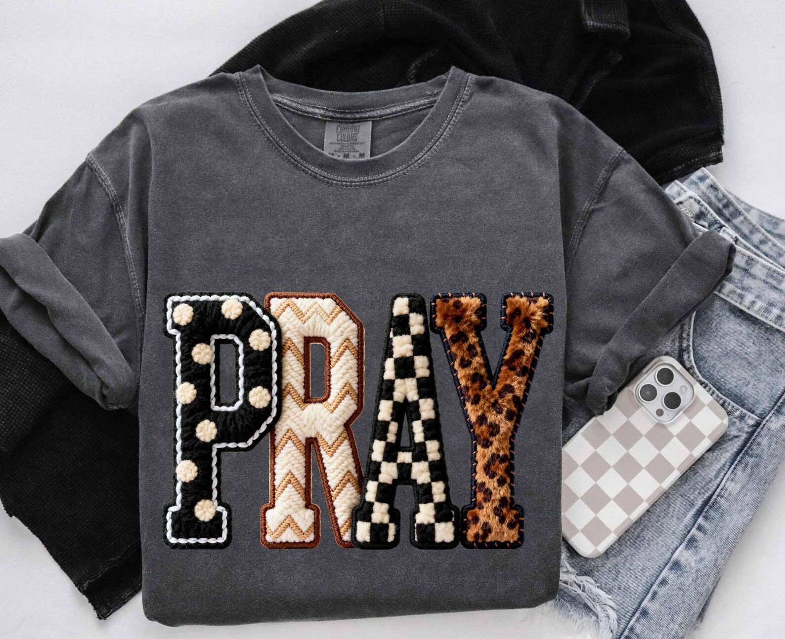 PRAY PNG, Crochet Christian Checkered Png, Retro Yarn Faith Design ...