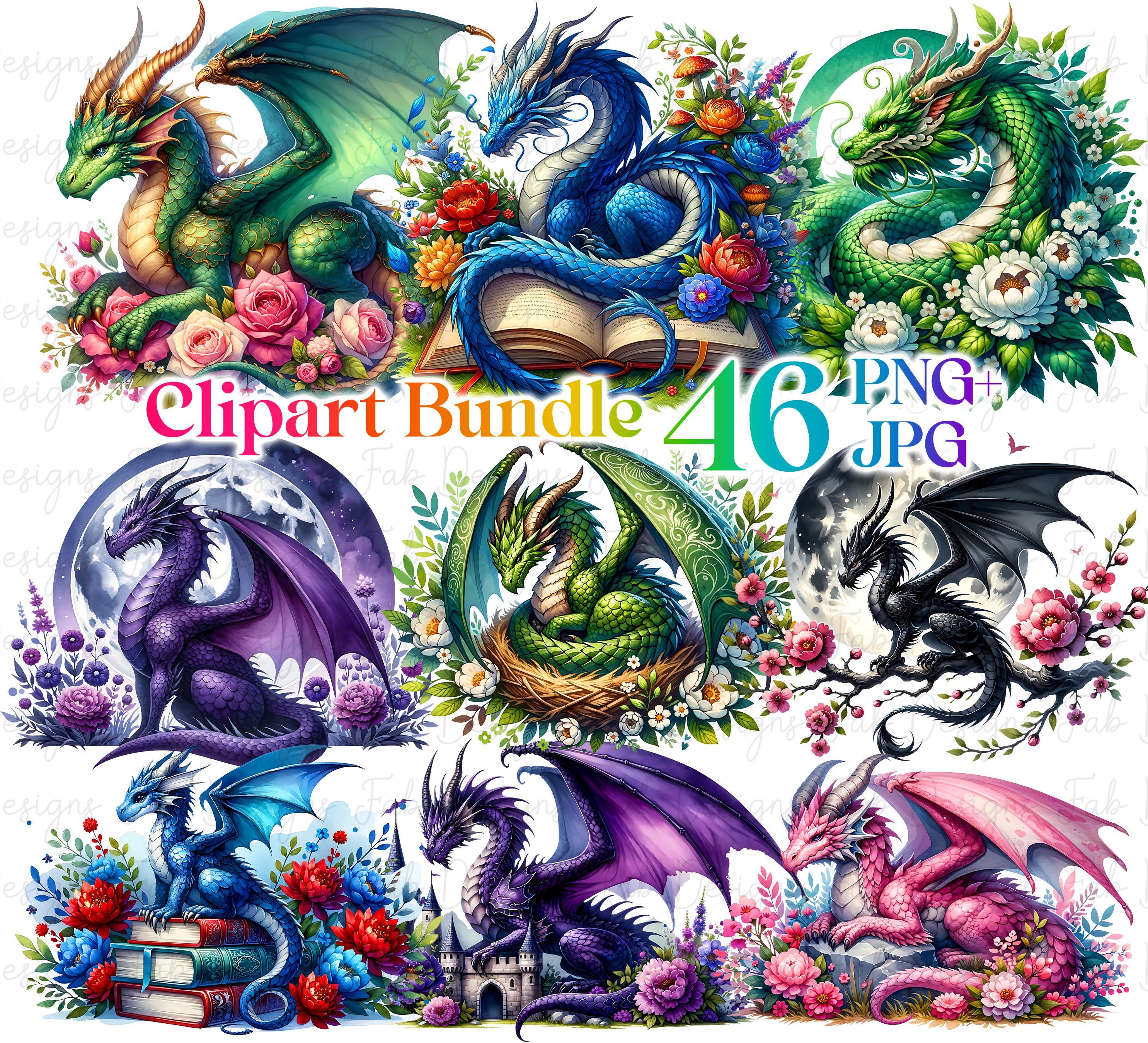 46 Fantasy Dragons PNG Bundle,magical Fairytale Dragon,watercolor ...