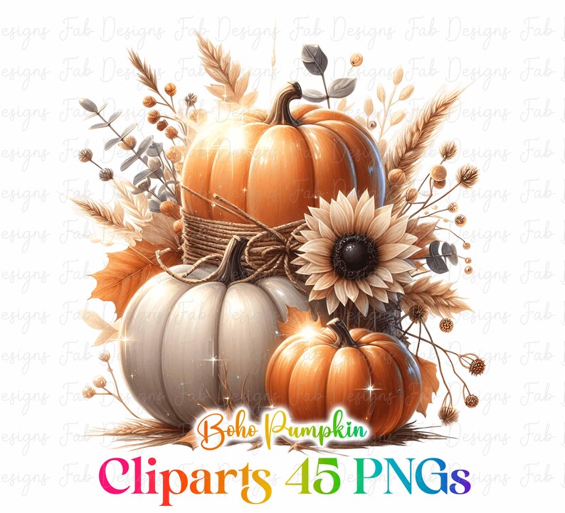 Boho Pumpkin Clipart: Floral Fall Designs (digital Download PNG Set of ...