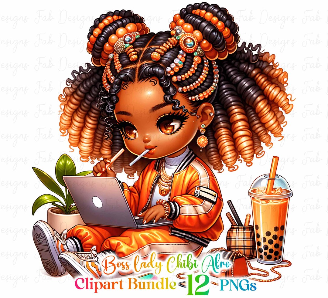 12 Chibi Boss Lady Afro Clipart Bundle,fashionable Girl Graphics,afro ...