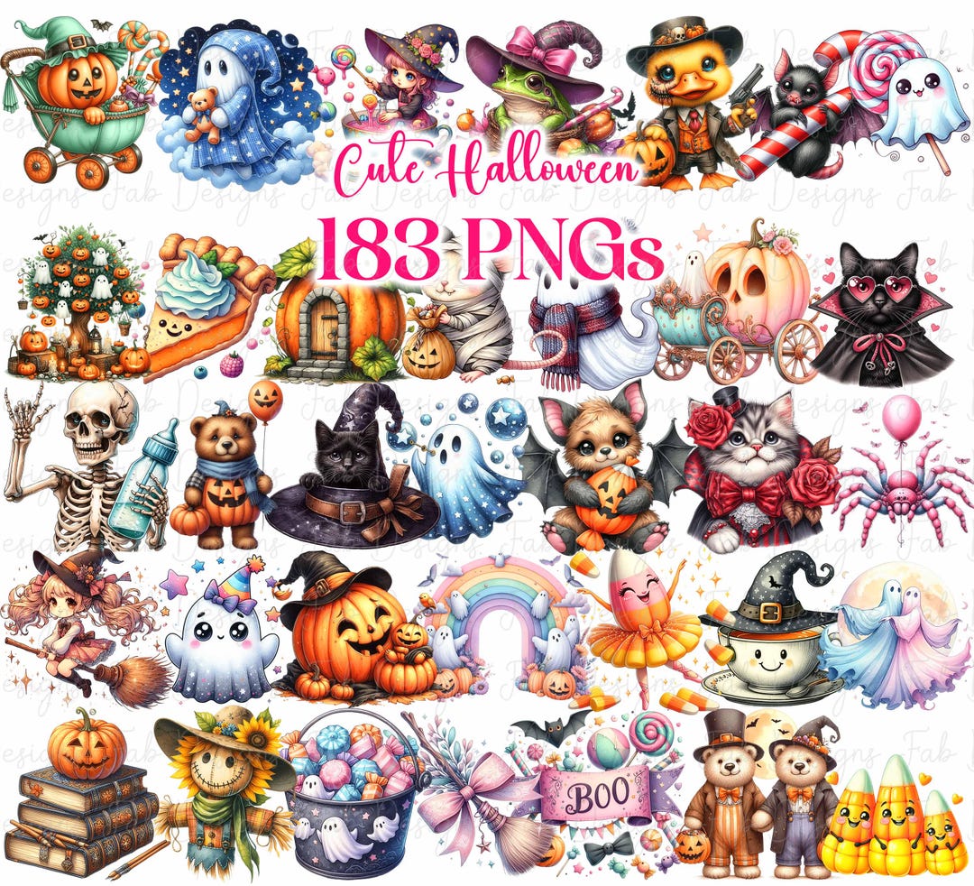 183 Cute Halloween Collection Clipart, Watercolor Halloween Clipart ...