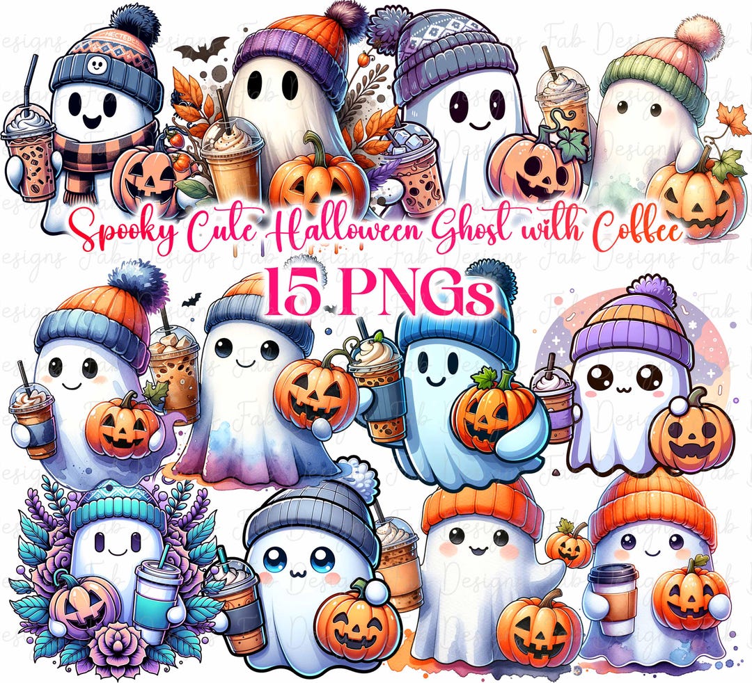 15 Pumpkin Halloween Ghost Coffee Clipart, Halloween Cute Ghost PNG ...