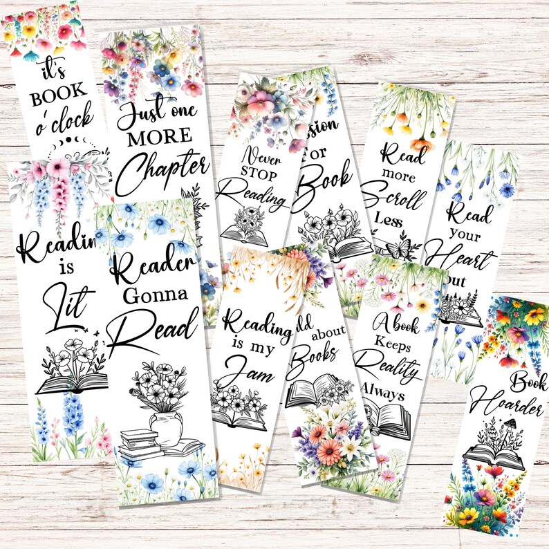 20 Book Reading Love Bookmark Bundle, Printable Floral Bookmark, Book ...