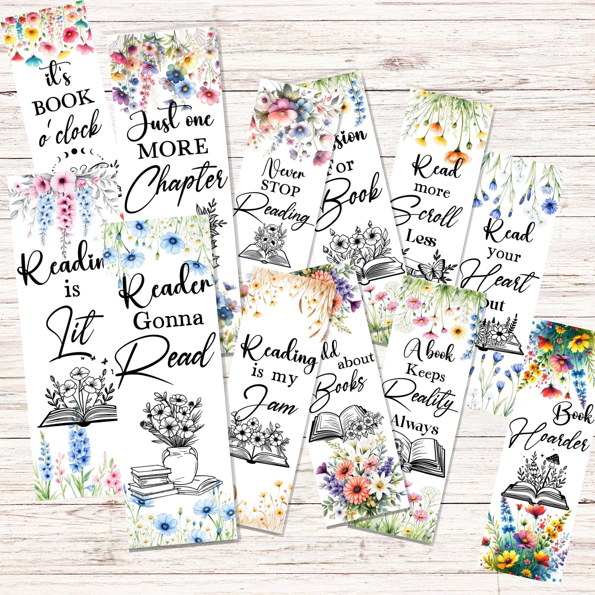 20 Book Reading Love Bookmark Bundle, Printable Floral Bookmark, Book ...