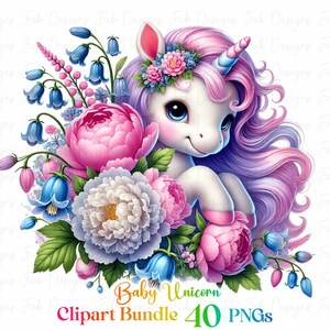 40 Baby Unicorns Clipart Bundle, Magical Unicorn Graphics, Cute Unicorn ...