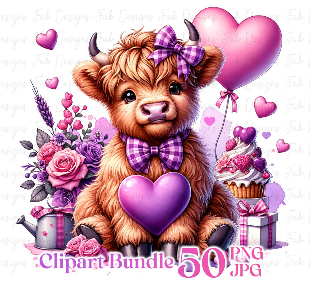 50 Cute Highland Cow Valentine Love Clipart Bundle,watercolor Highland ...