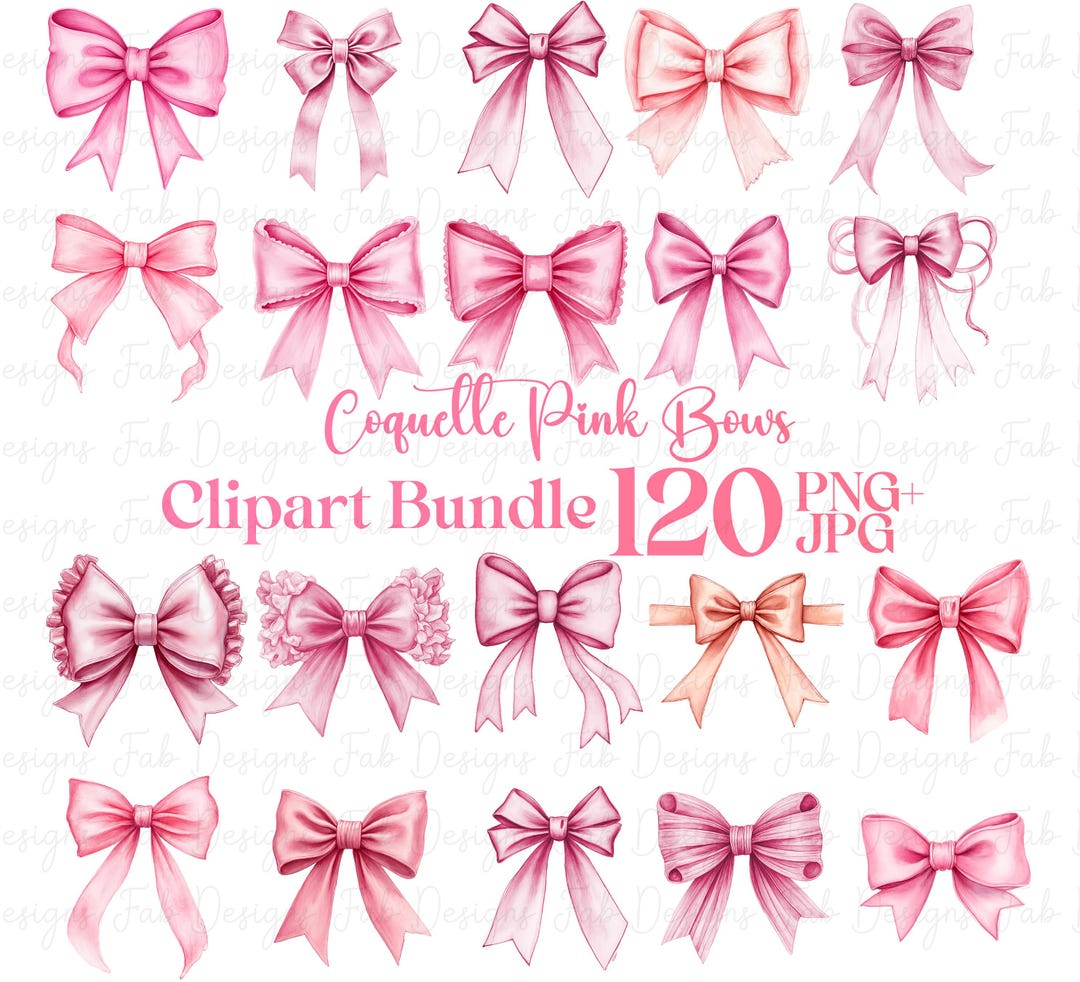 120 Watercolor Pink Coquette Ribbons Clipart Coquette Clipart Simple ...