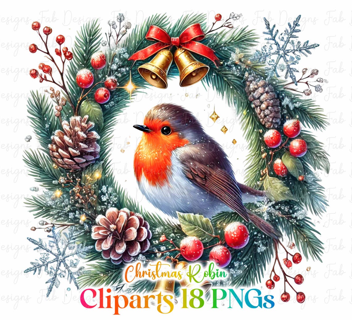 Christmas Robin Watercolor Clipart: Printable PNG Images (digital ...