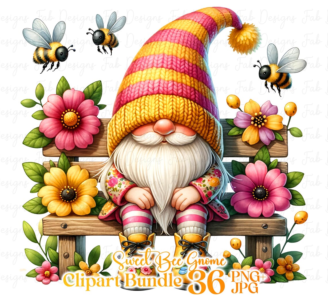 Watercolor Bee Gnome Clipart Bundle: Flower Garden PNG Graphics ...