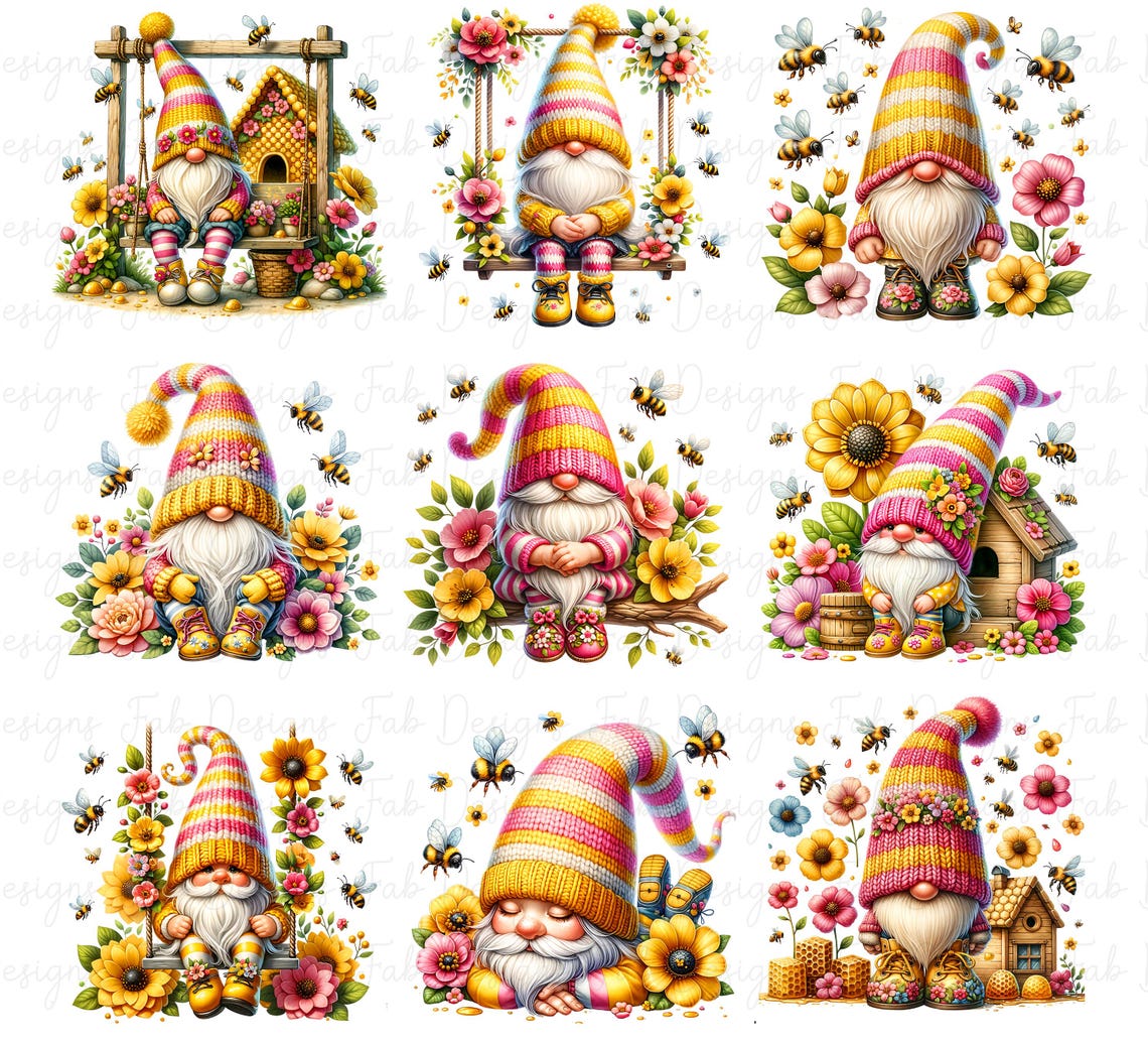 Watercolor Bee Gnome Clipart Bundle: Flower Garden PNG Graphics ...