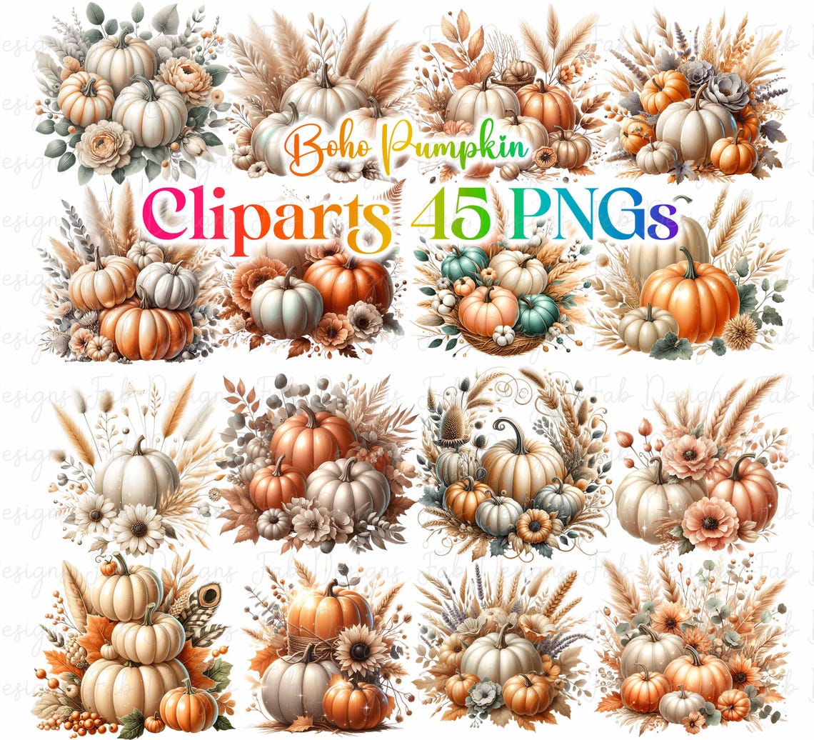 Boho Pumpkin Clipart: Floral Fall Designs (digital Download PNG Set of ...