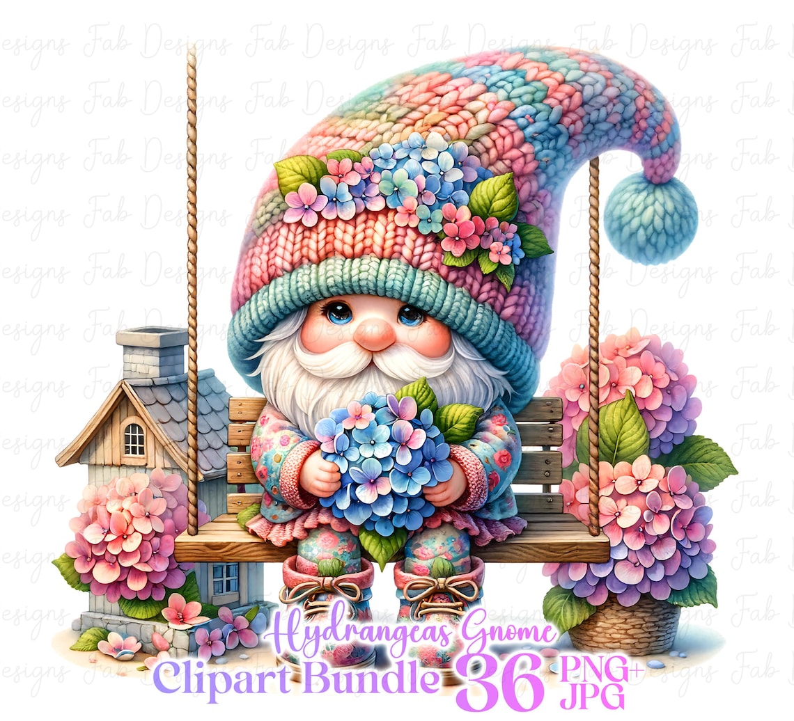 36 Watercolor Hydrangeas Flower Gnome Clipart Bundle PNG, Garden ...