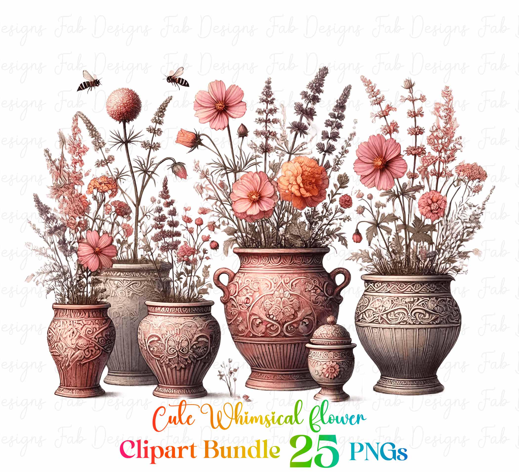 25 Cute Whimsical Flower Clipart, Row of Flowers Clipart, Floral Spring ...