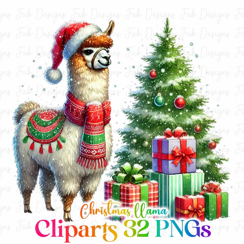 Christmas Llama PNG Clipart, Holiday Alpaca With Wreath & Gift, Festive ...