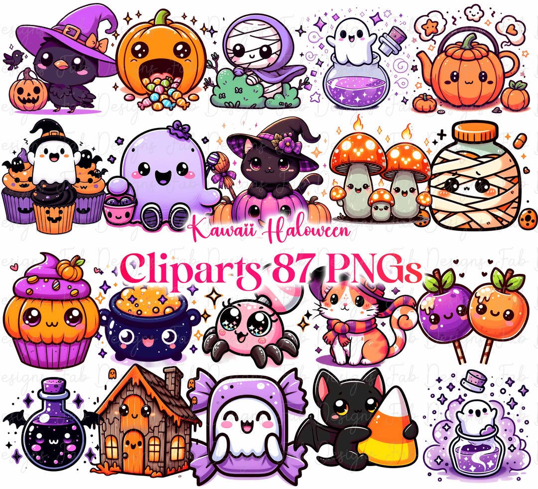 87 Kawaii Halloween PNG Clipart, Watercolor Halloween Clipart, Spooky ...