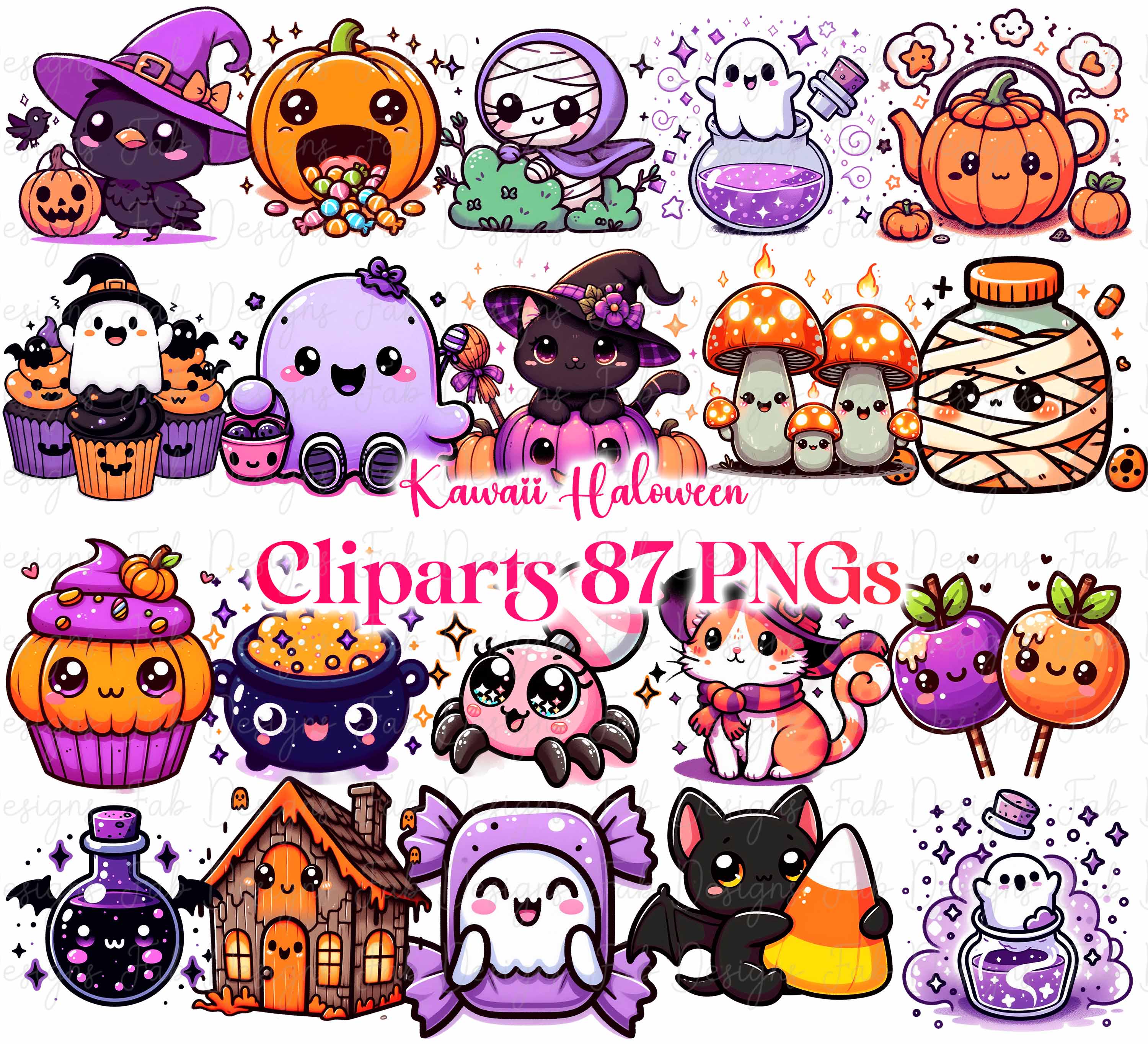87 Kawaii Halloween PNG Clipart, Watercolor Halloween Clipart, Spooky ...