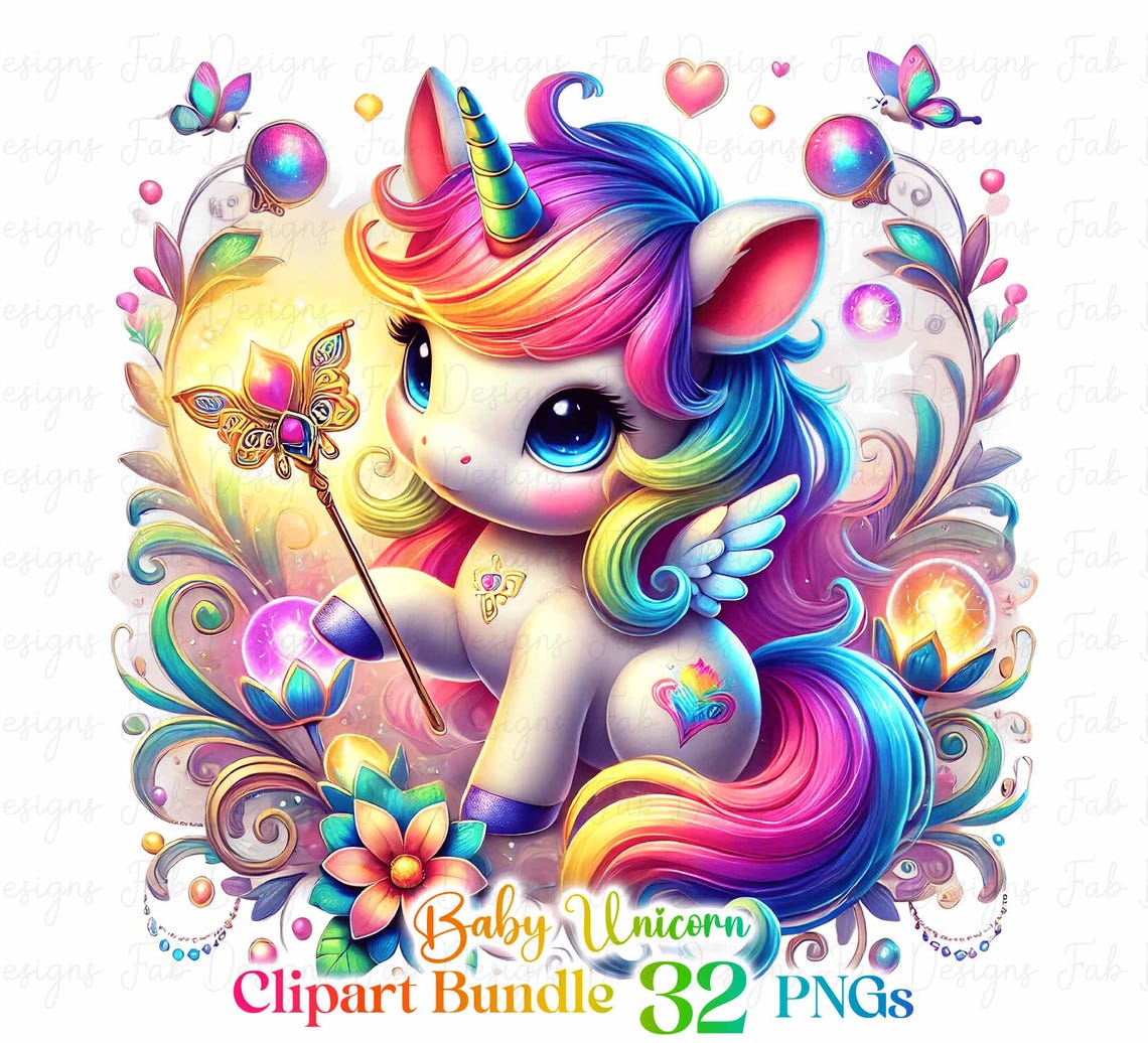 Baby Unicorn Clipart Bundle: Rainbow Unicorn Graphics (digital Download ...