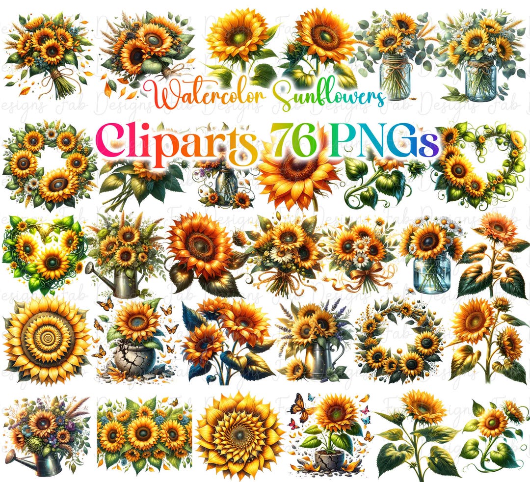 76 PNG, Watercolor Sunflowers Clipart Bundle, Sunflower Wreath, Floral ...