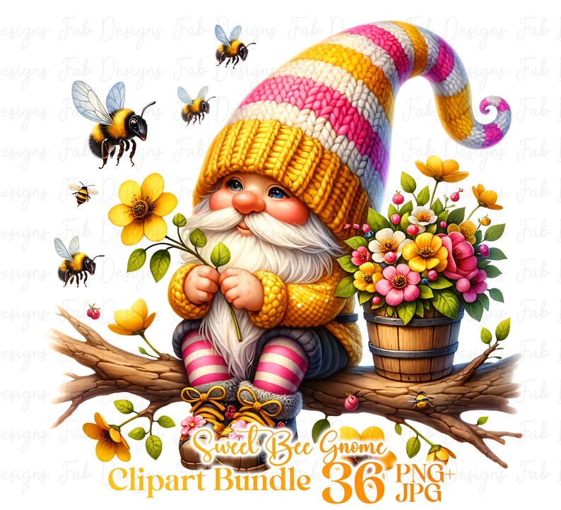 Watercolor Bee Gnome Clipart Bundle: Flower Garden PNG Graphics ...