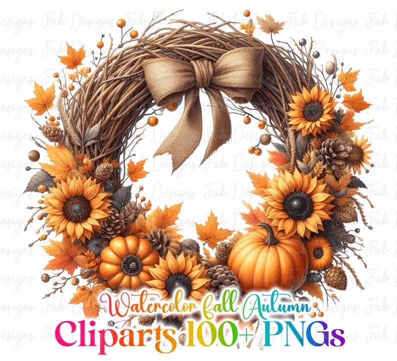 Watercolor Autumn Clipart Bundle: Fall Wreath, Bouquet (digital ...