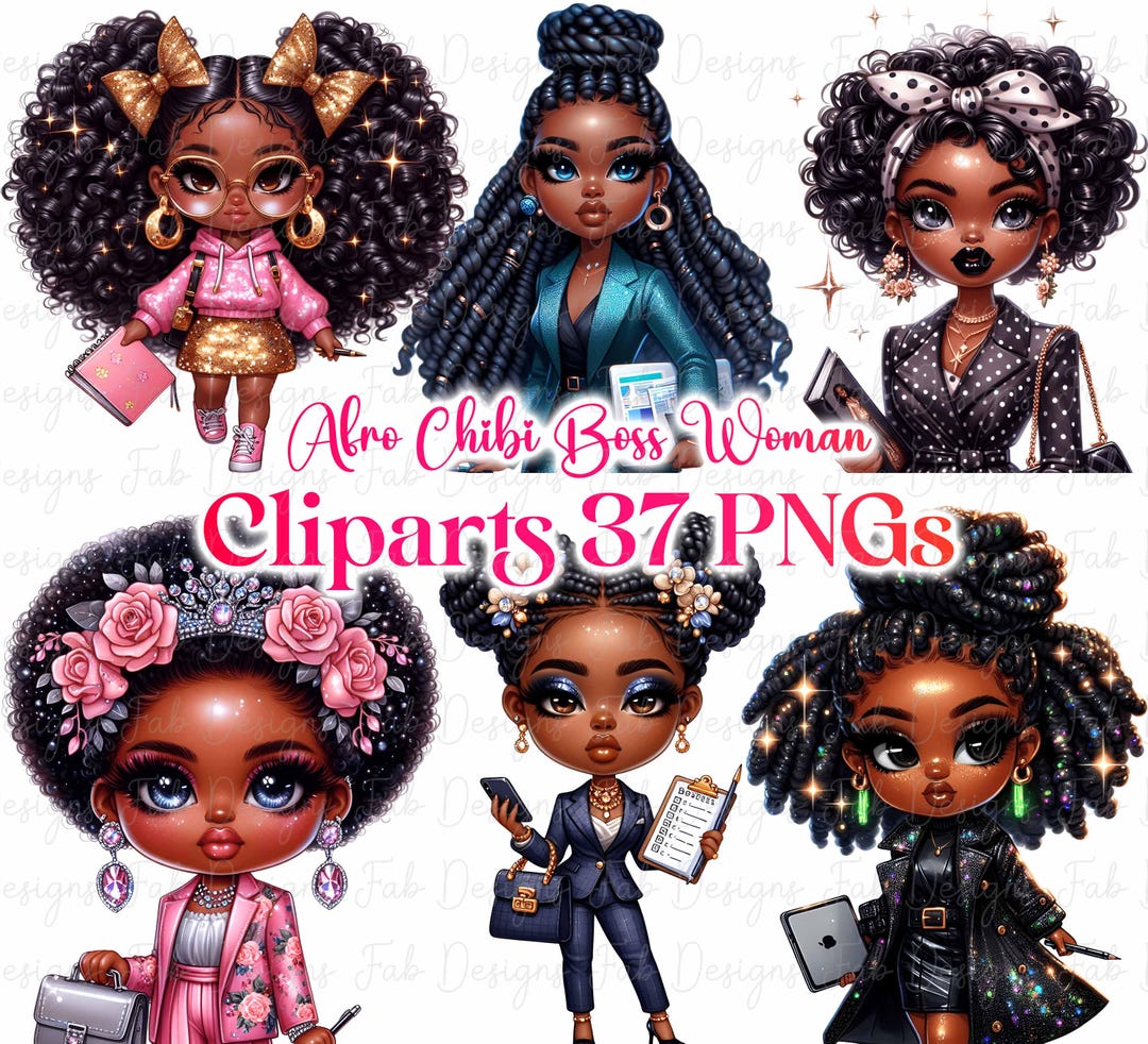Black Chibi Girl Clipart Bundle: Boss Afro Graphics (digital Download ...