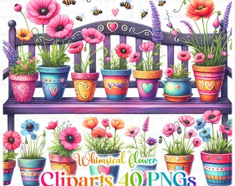 10 Cute Whimsical Flower Clipart, Vintage Flowers Clipart, High Res JPG ...