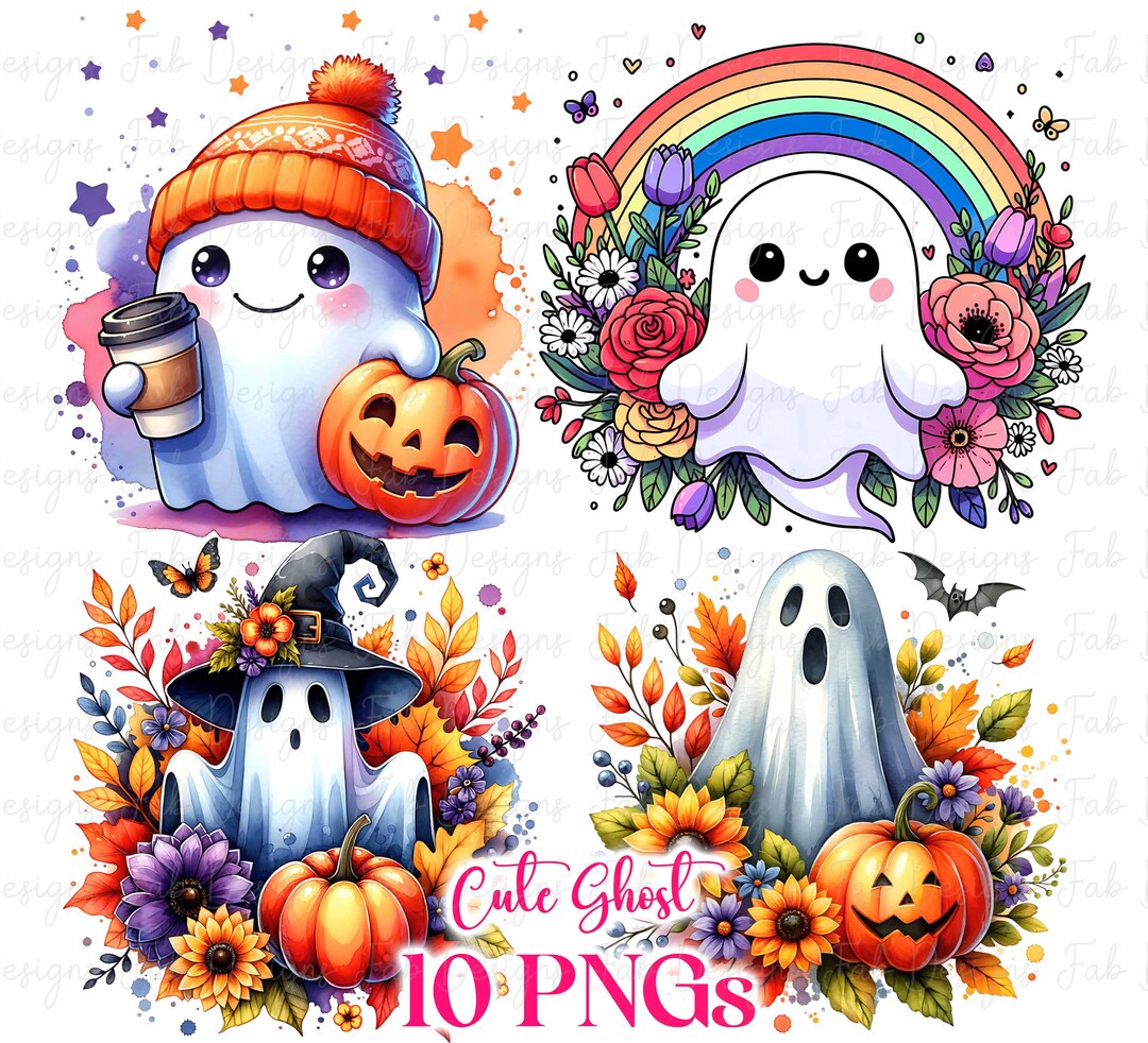 10 Cute Halloween Ghost Clipart, Watercolor Halloween Clipart, Spooky ...