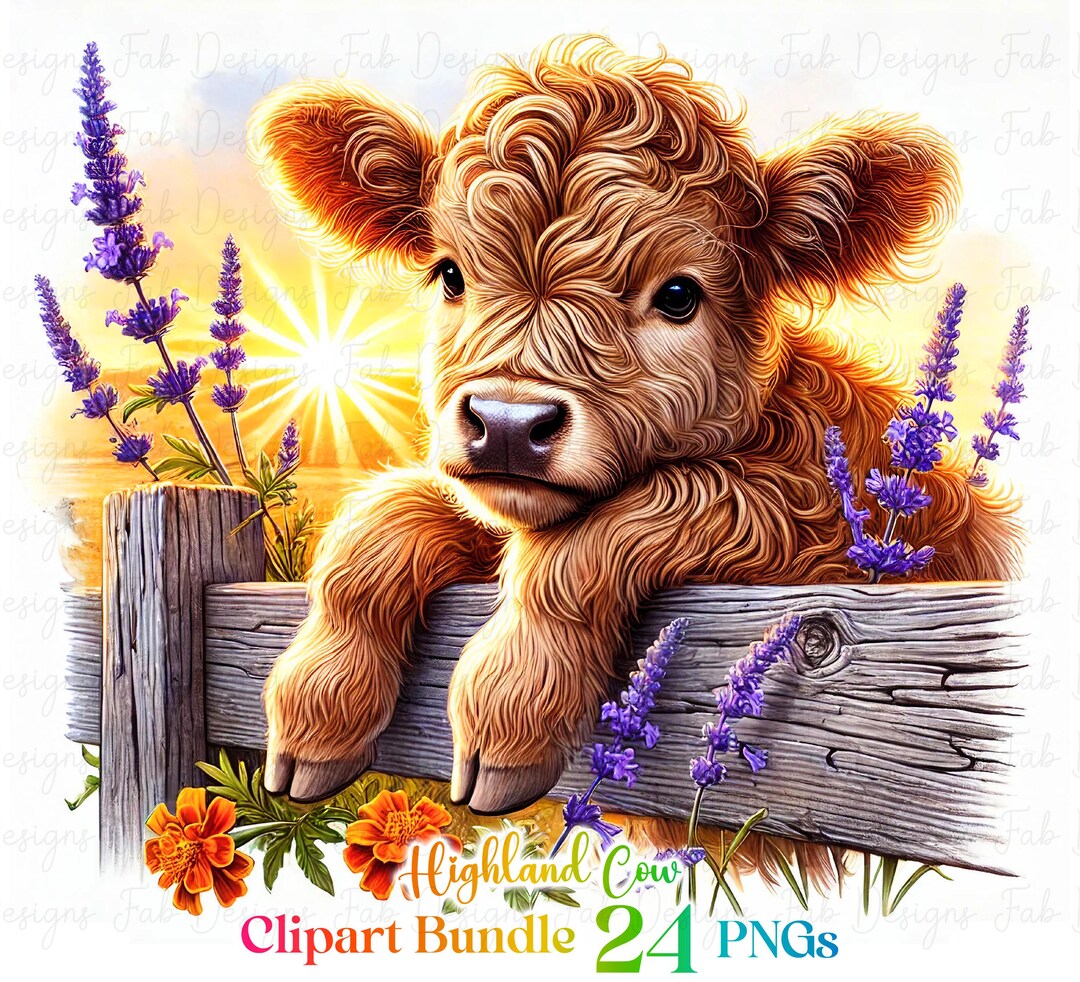24 Cute Baby Highland Cow Flowers Clipart Bundle Highland Cow Clipart ...