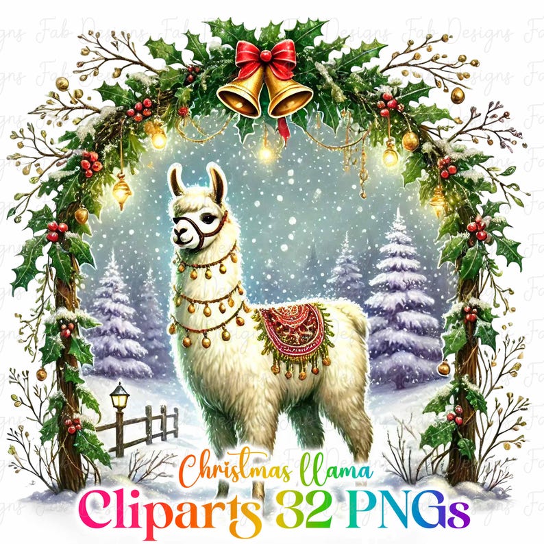 Christmas Llama PNG Clipart, Holiday Alpaca With Wreath & Gift, Festive ...