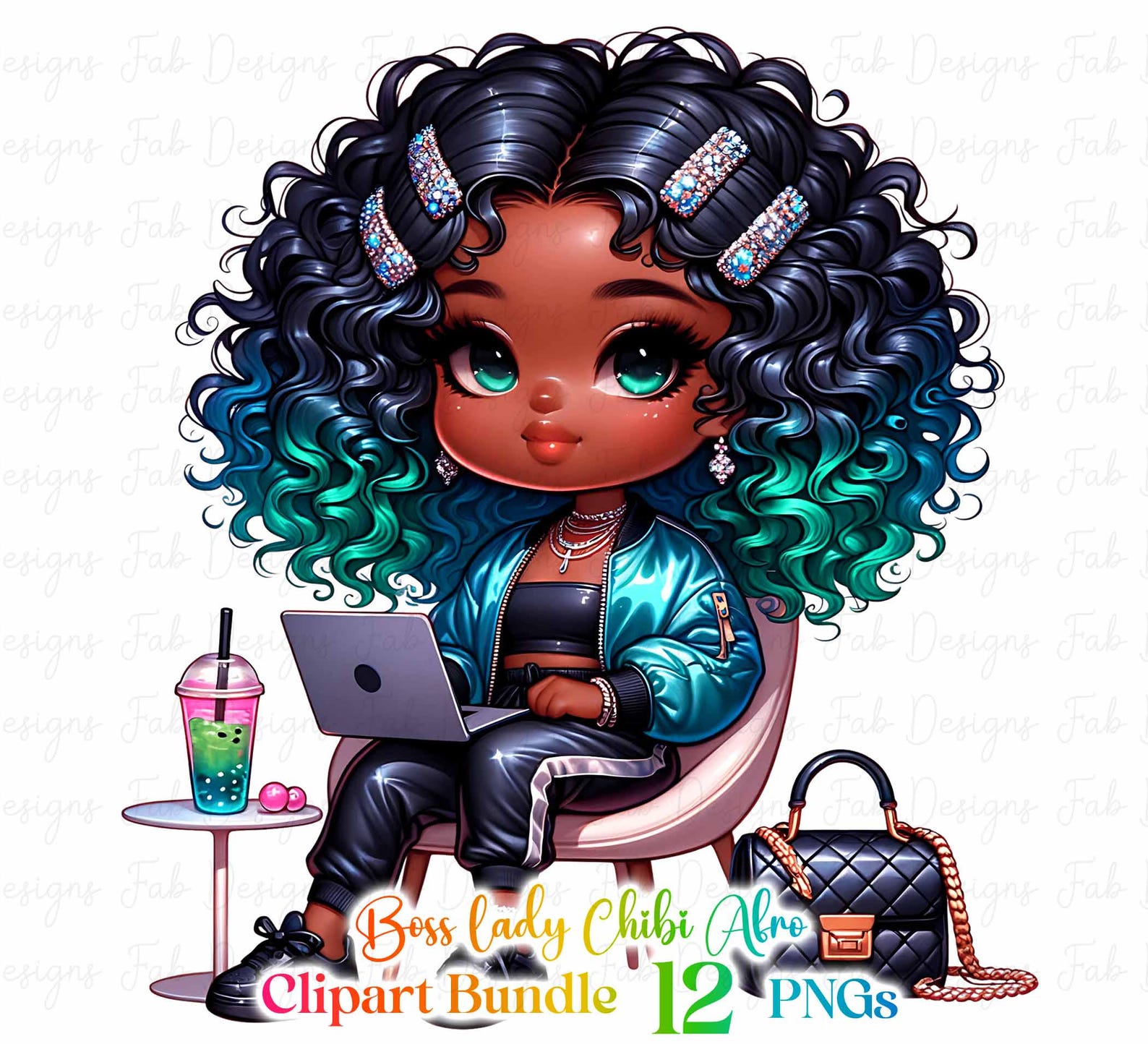 Chibi Boss Lady Afro Clipart Bundle: Fashion Girl Graphics (digital ...