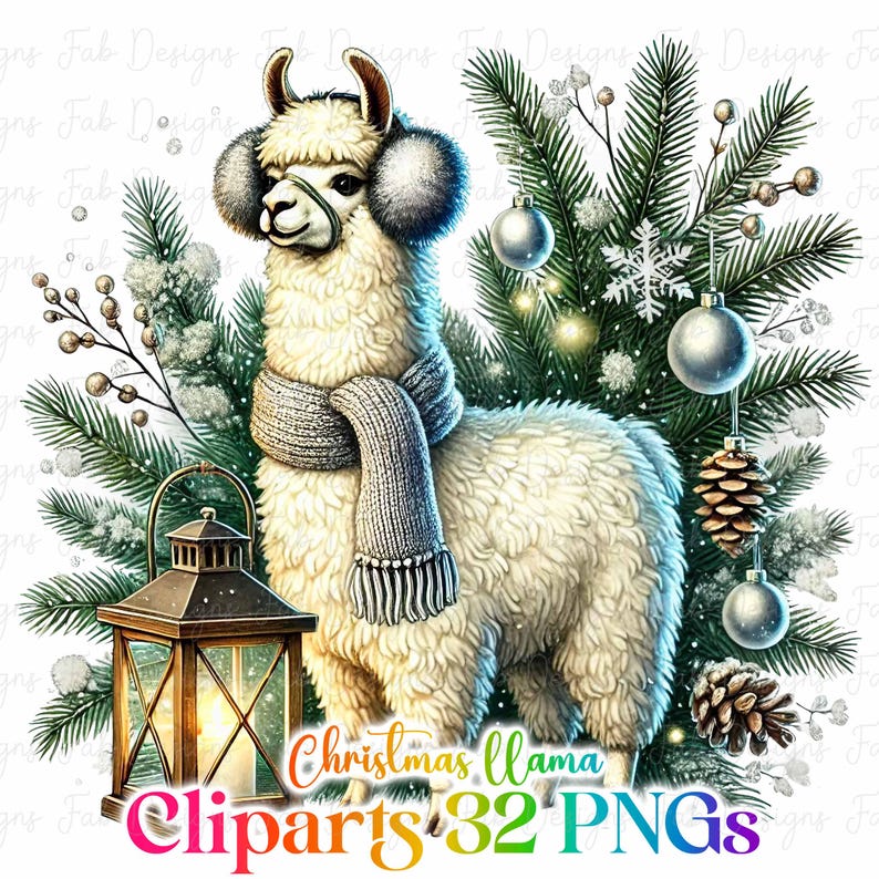 Christmas Llama PNG Clipart, Holiday Alpaca With Wreath & Gift, Festive ...