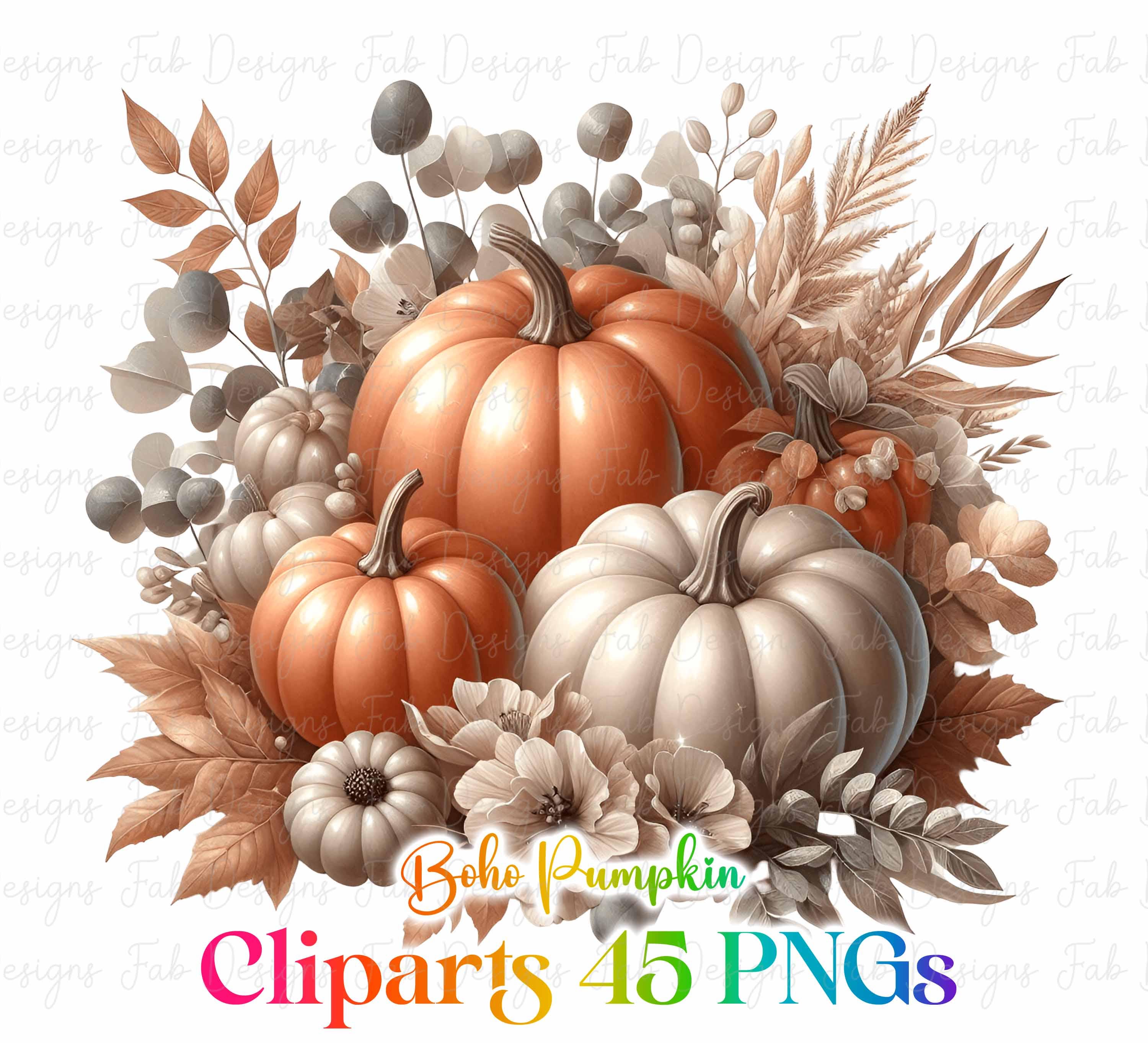 Boho Pumpkin Clipart: Floral Fall Designs (digital Download PNG Set of ...