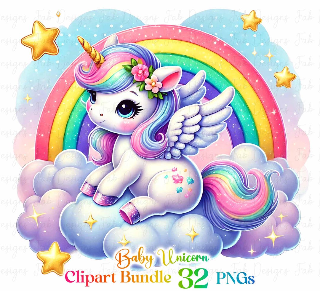 Baby Unicorn Clipart Bundle: Rainbow Unicorn Graphics (digital Download ...