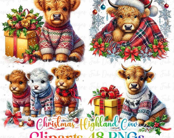 Watercolor Christmas Highland Cow Clipart Bundle, Western Cute ...