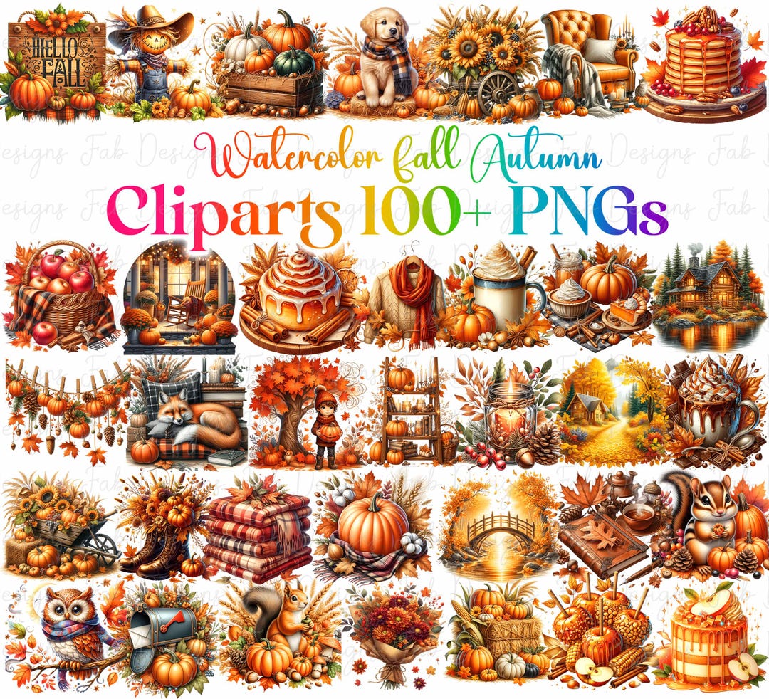Watercolor Autumn Clipart Bundle: Fall Wreath, Bouquet (digital ...