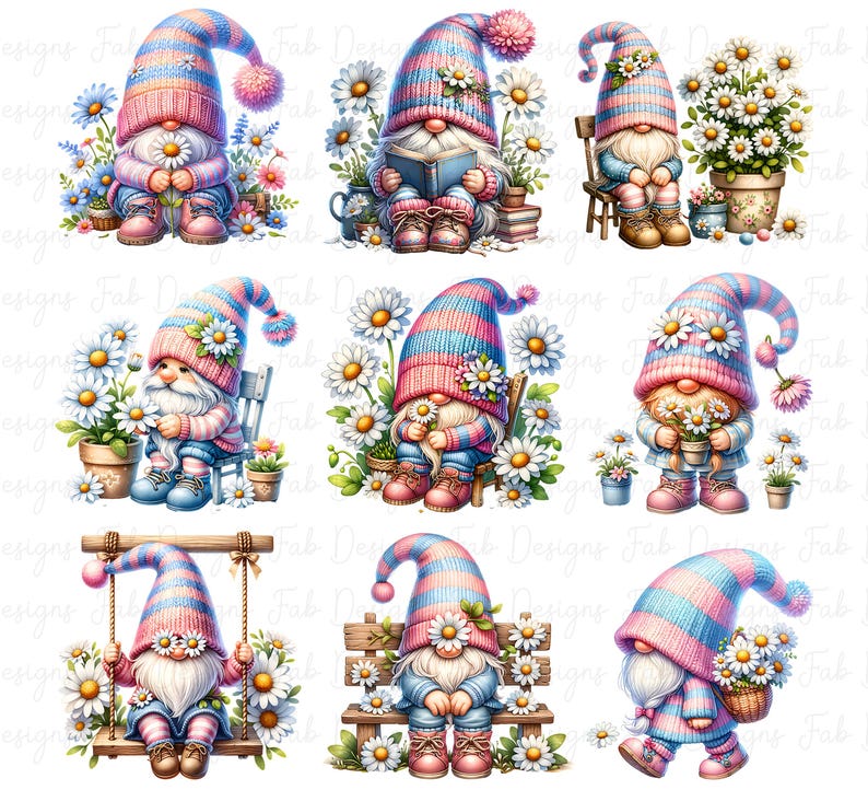36 Watercolor Daisy Gnome Clipart Bundle PNG, Garden Clipart, Daisy ...