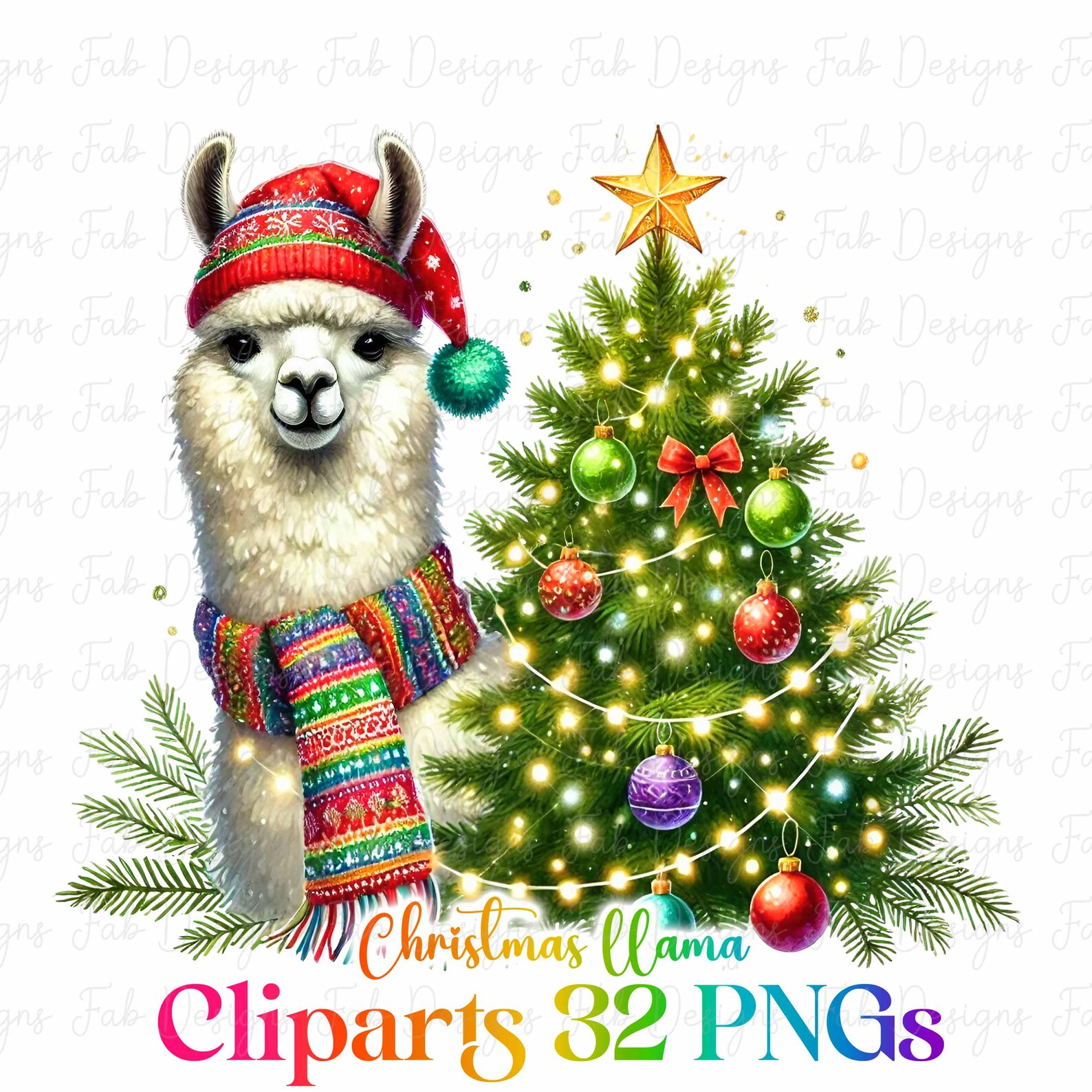 Christmas Llama PNG Clipart, Holiday Alpaca With Wreath & Gift, Festive ...