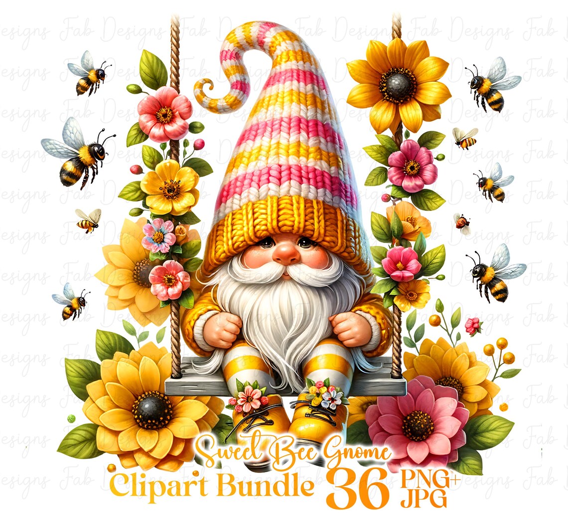 Watercolor Bee Gnome Clipart Bundle: Flower Garden PNG Graphics ...
