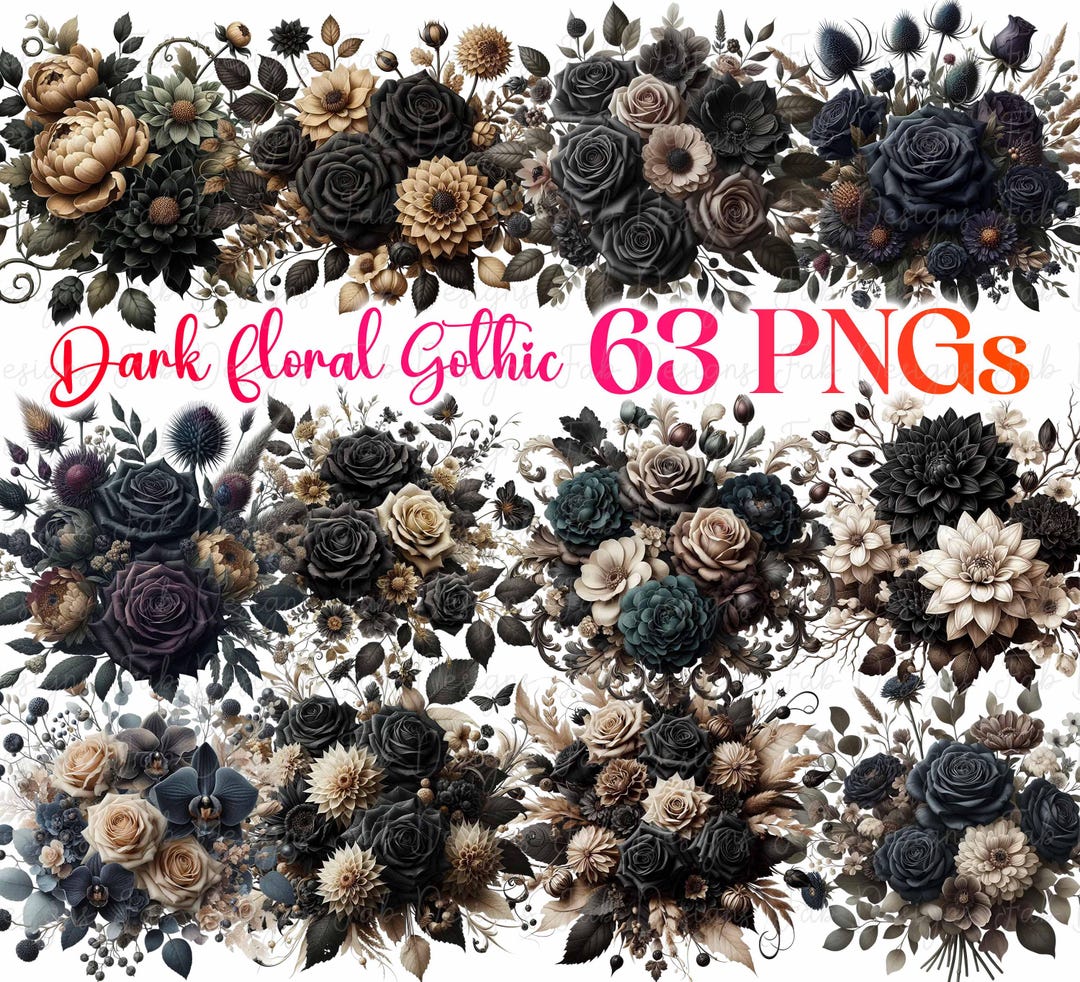 63 Dark Floral Gothic Clipart Bundle Png Gothic Rose Png Printable Wall ...