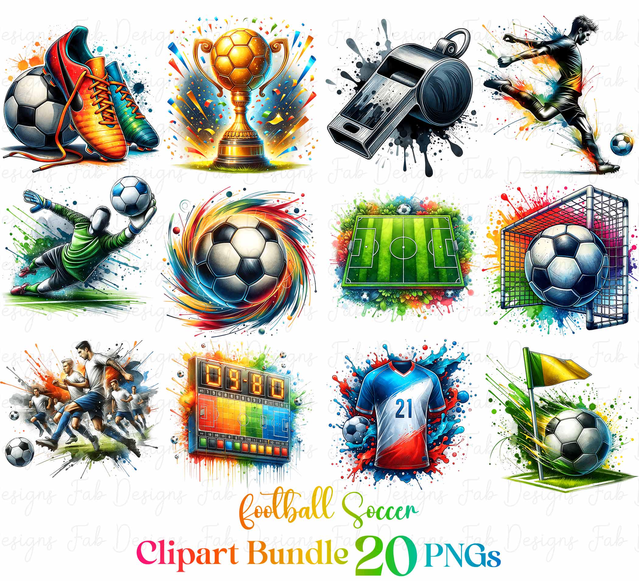 Watercolor Football Clipart Bundle: Soccer Graphics (digital Download ...