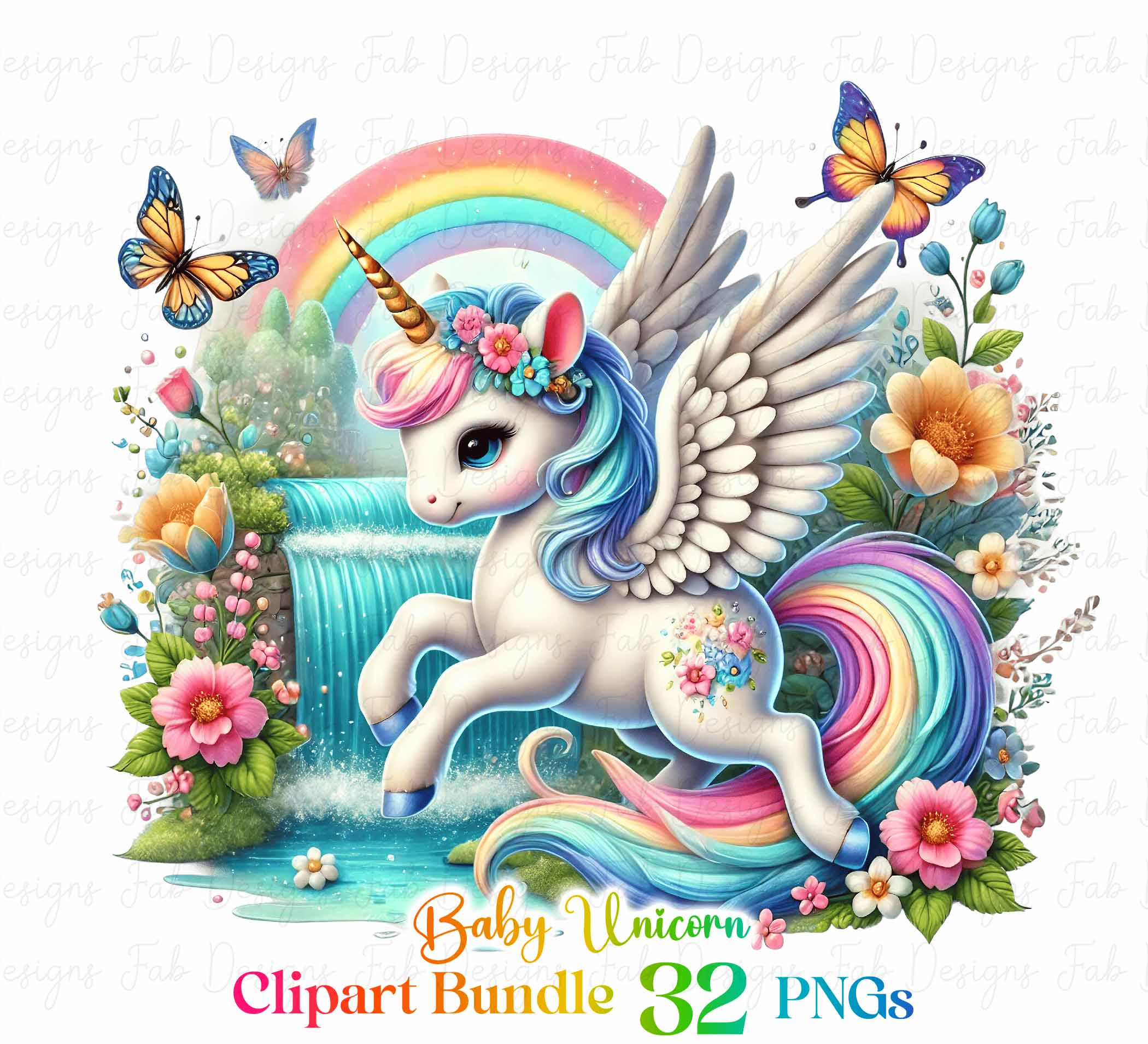 Baby Unicorn Clipart Bundle: Rainbow Unicorn Graphics (digital Download ...