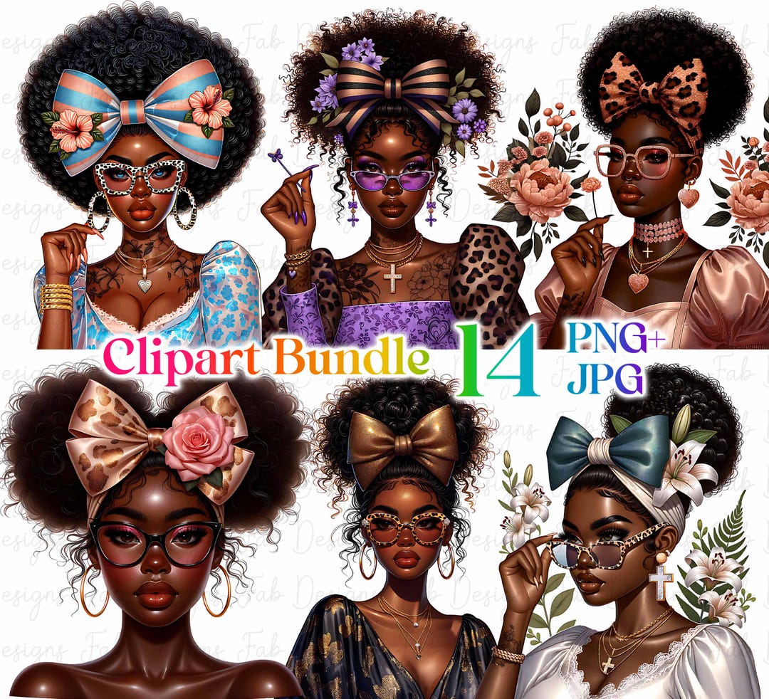 16 Beautiful Black Girl Clipart Bundle, Fashionable Girl Graphics, Afro ...