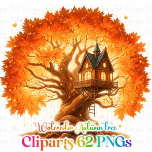 Watercolor Autumn Tree Clipart Bundle: Fall Tree Border (digital ...