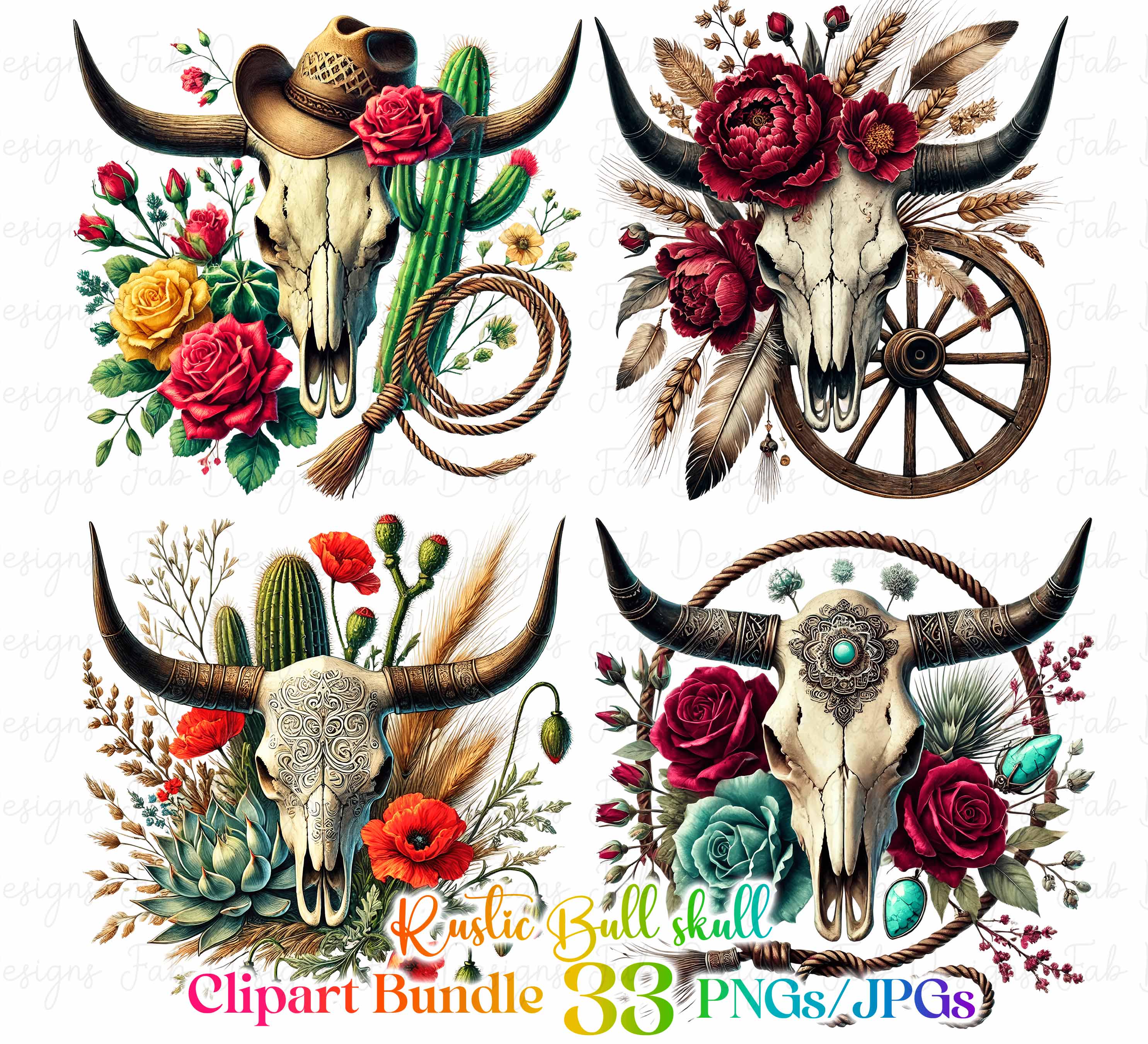 Rustic Bull Skull PNG Clipart Set, Western PNG, Western Sublimation PNG ...