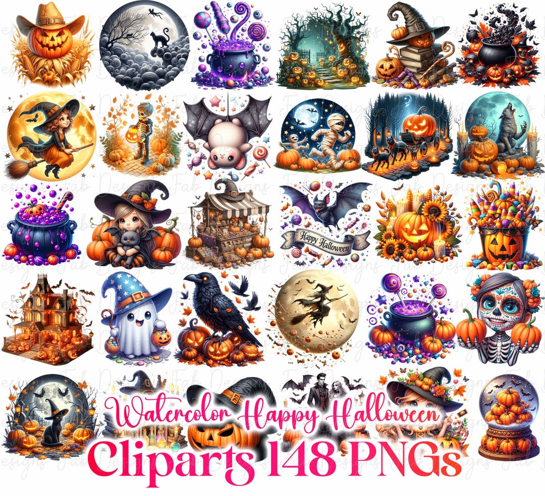 148 Cute Halloween Watercolor Clipart Bundle, Witch Clipart, Black Cat ...
